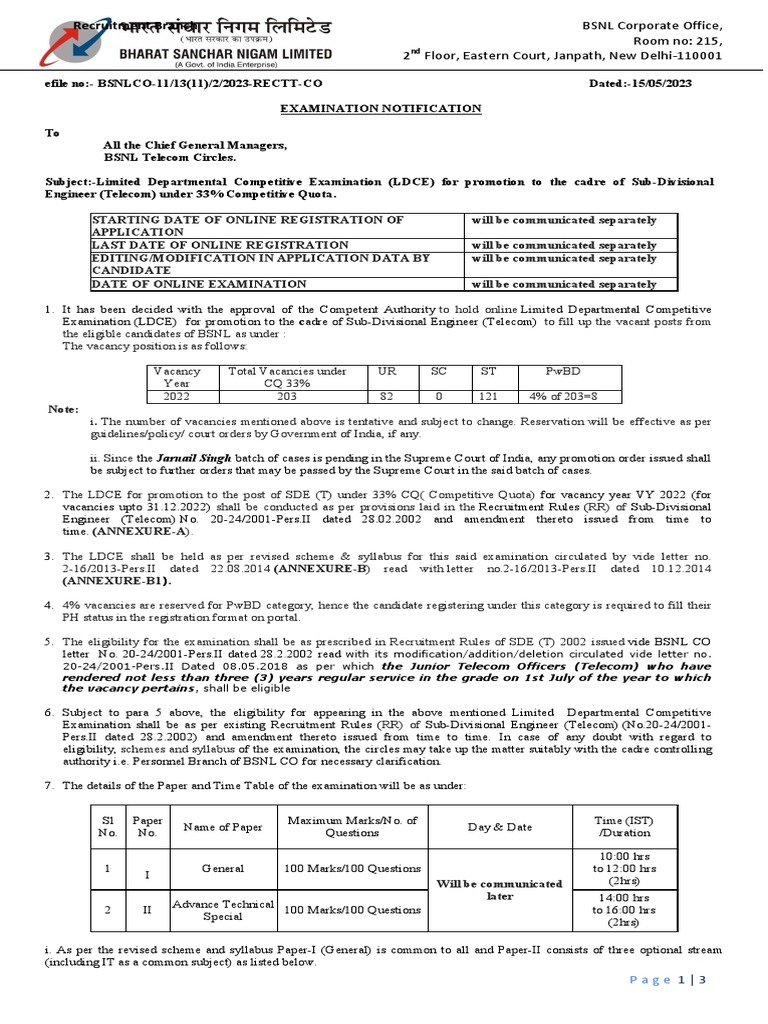BSNL LDCE 2023 Exam Notification | PDF | Online And Offline | Multiple Choice