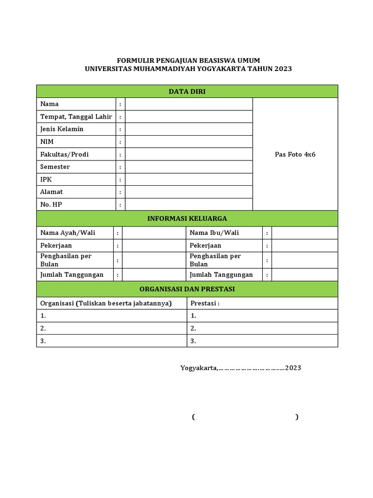 Formulir Pengajuan Beasiswa Umy 2023 | PDF