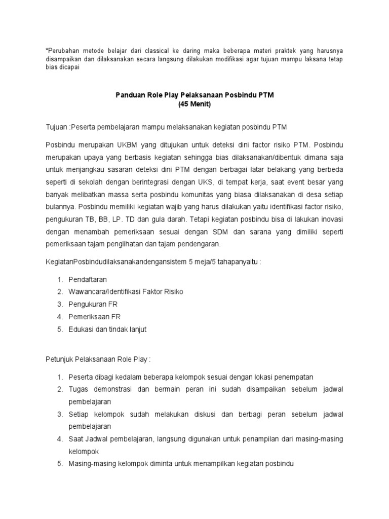 Panduan Demonstrasi Dan Bermain Peran Posbindu PTM NS PKM SUM | PDF