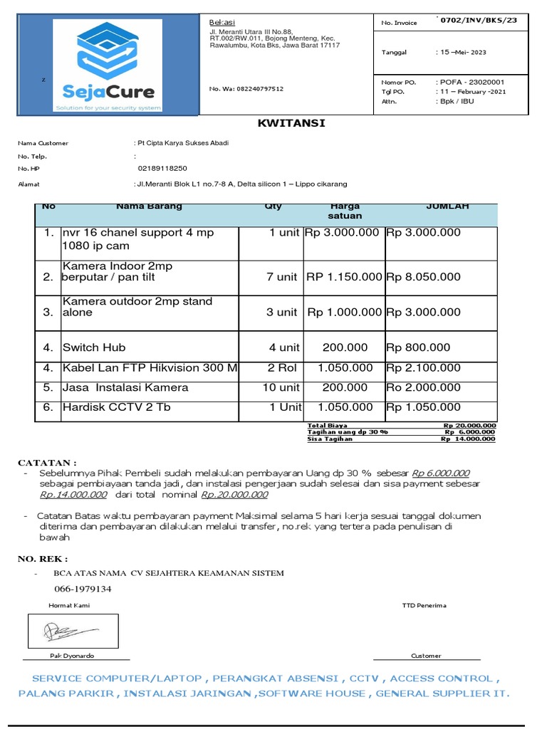 Invoice Pemasangan CCTV PT Cksa | PDF