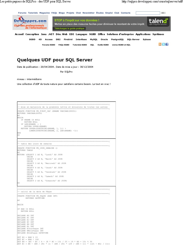 Les Petits Papiers de SQLPro - Des UDF Pour SQL Server | PDF | SQL | Gestion de l'information