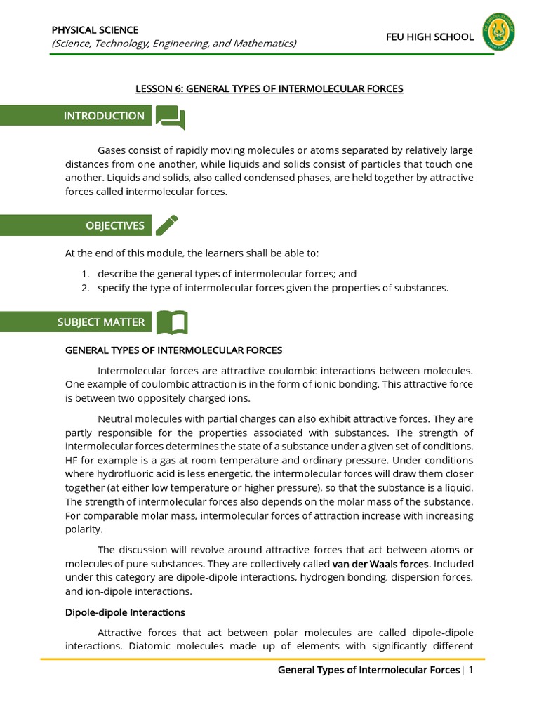 Lesson 6 - General Types of Intermolecular Forces | PDF
