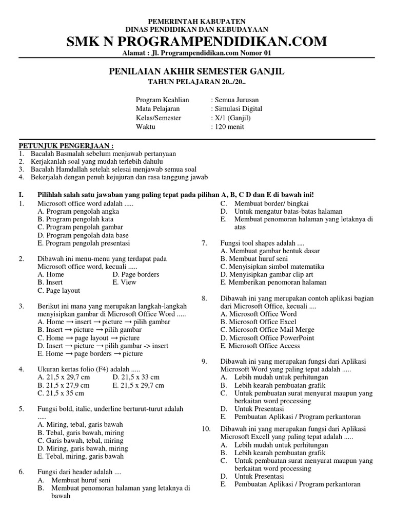 Soal PAS Simulasi Digital Kelas X | PDF | Metode & Bahan Ajar | Seni