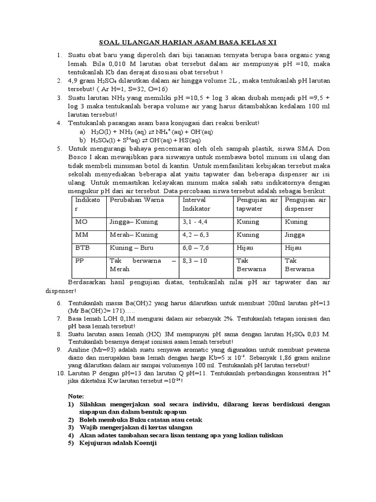 Soal Ulangan Asam Basa Kelas 11 | PDF | Sains & Matematika