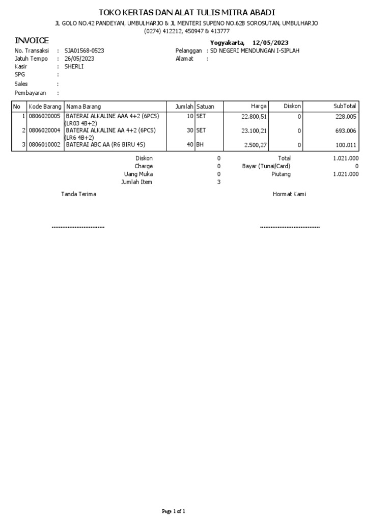 Contoh Nota Toko Alat Tulis | PDF