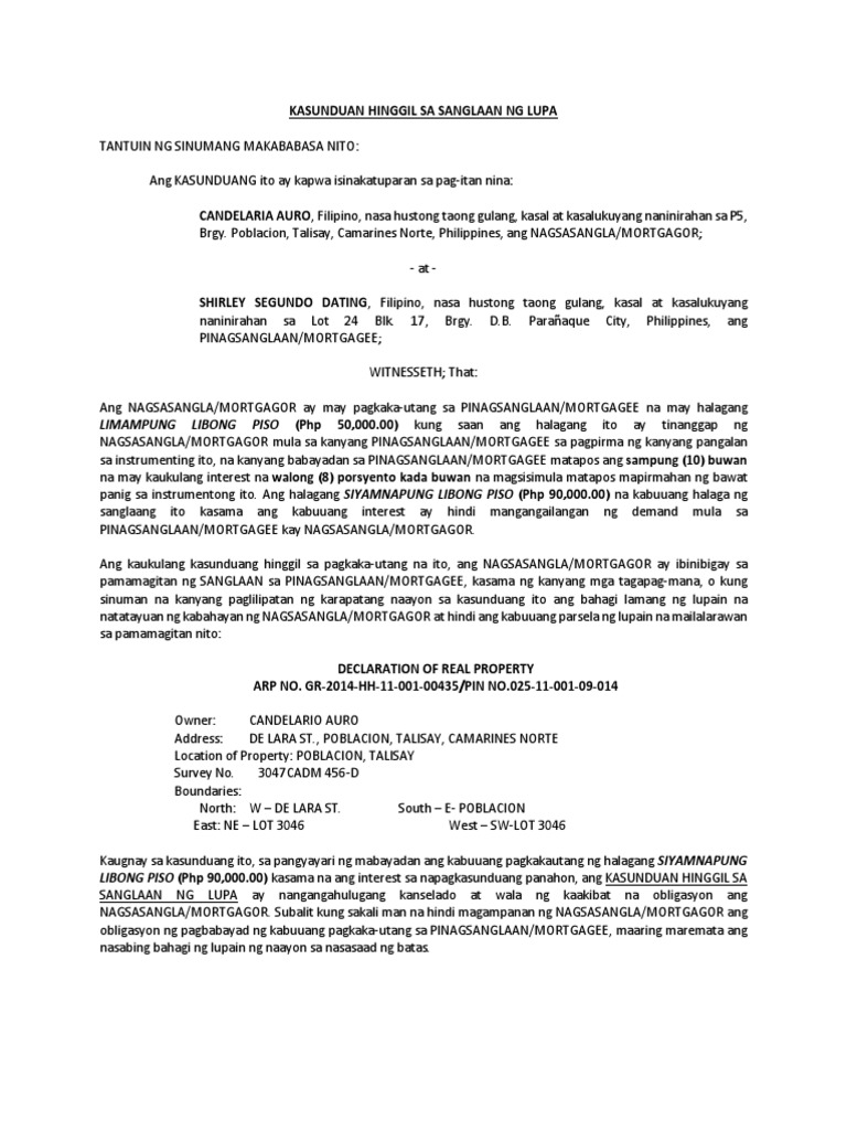 KASUNDUAN HINGGIL SA SANGLAAN NG LUPA | PDF