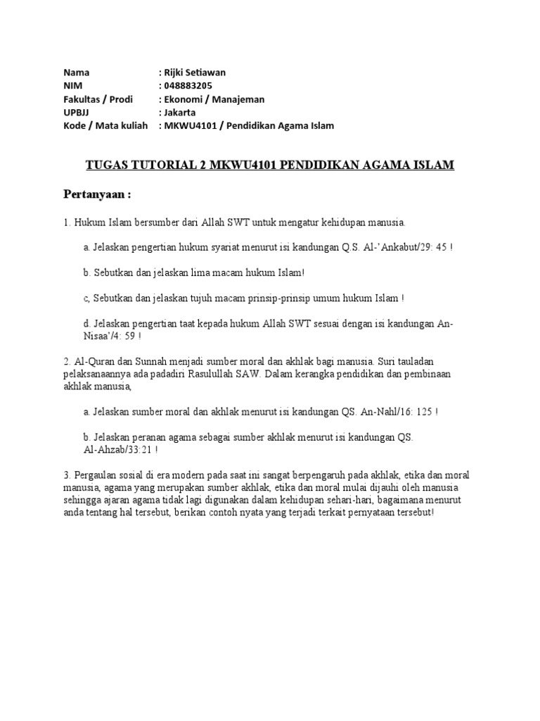 Tugas Tuton 2 - MKWU4101 PENDIDIKAN AGAMA ISLAM | PDF