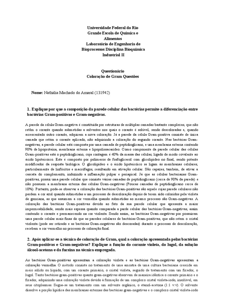 Questionário 1 - BIII Coloração Gram | PDF | Especialidades médicas ...