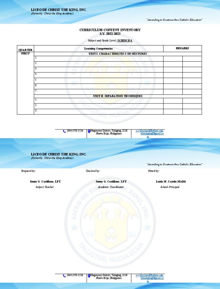 CURRICULUM CONTENT INVENTORY FORMAT - English | PDF