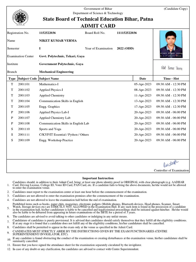 Bihar Polytechnic Admit Card for Mechanical Engineering Semester 1 Exams | PDF