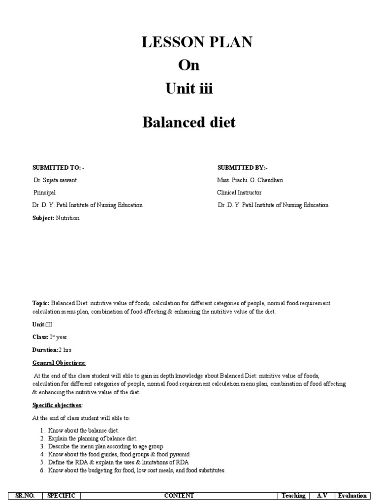 Lesson Plan On Unit III Balanced Diet | PDF | Foods | Nutrition