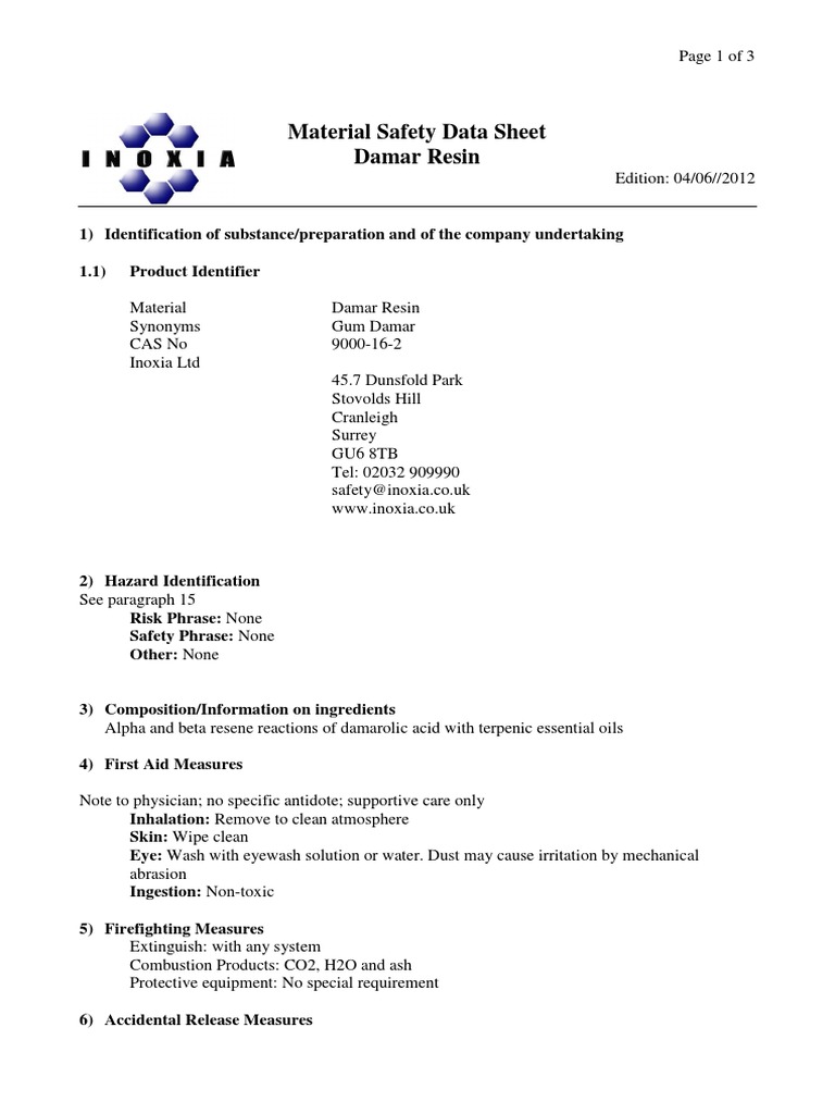 Damar Resin SDS | PDF | Occupational Safety And Health | Safety