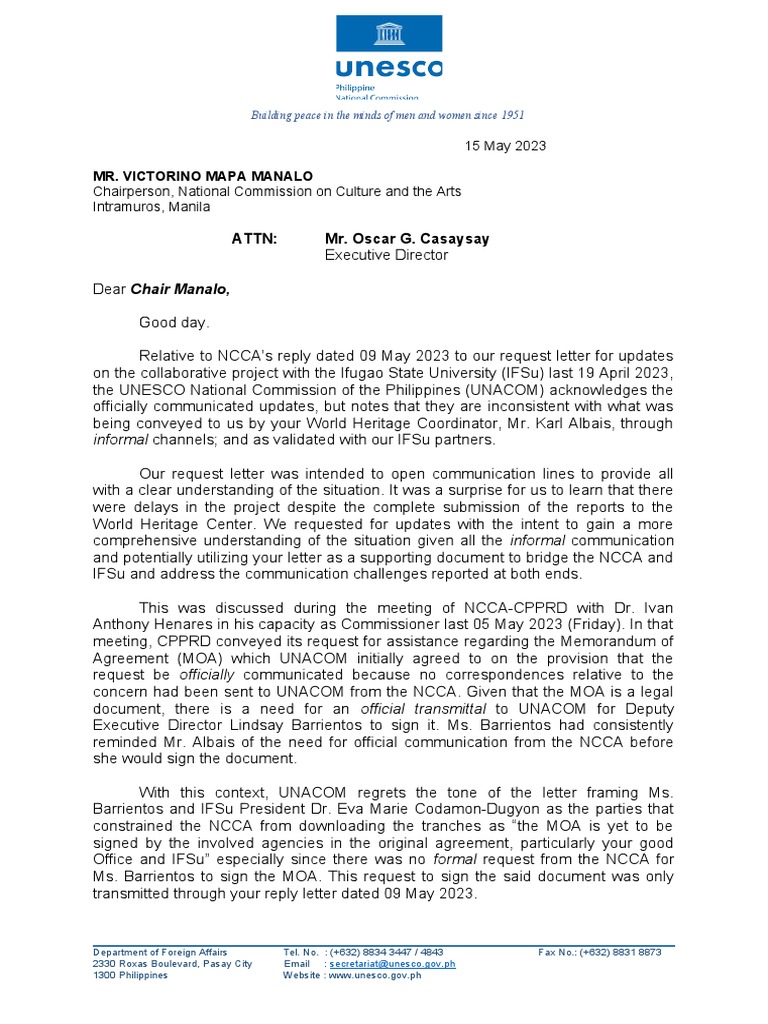 Letter To NCCA On IFSu Project | PDF | Communication