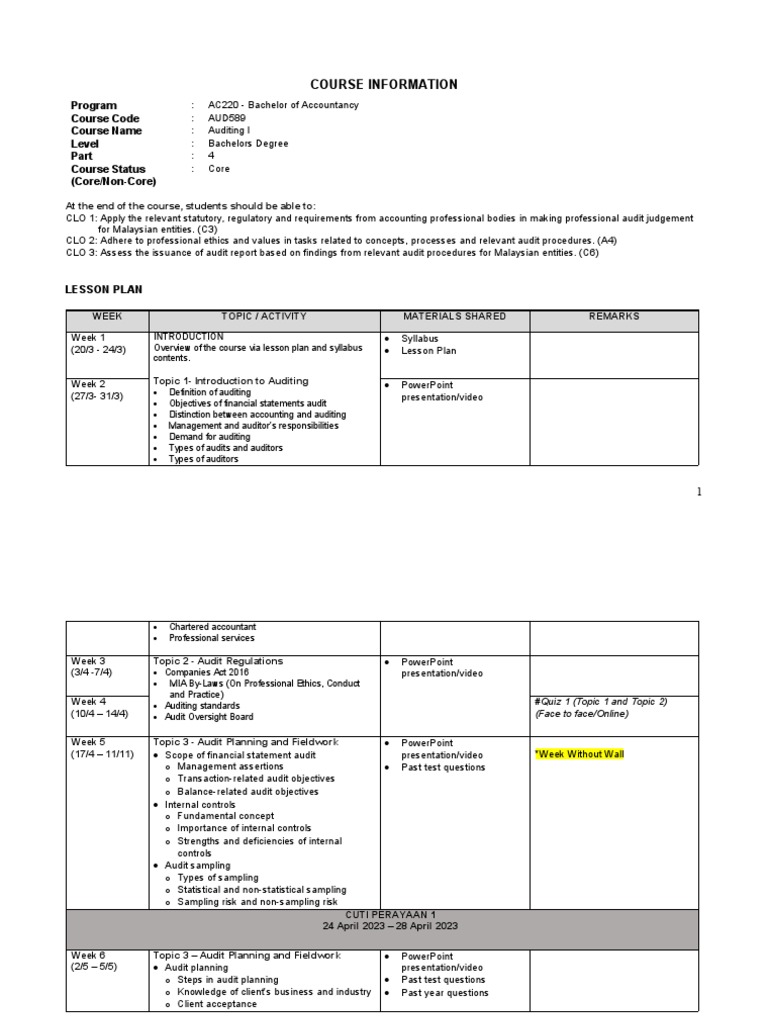 Aud589 Mar 2023 Lesson Plan | PDF | Audit | Financial Audit