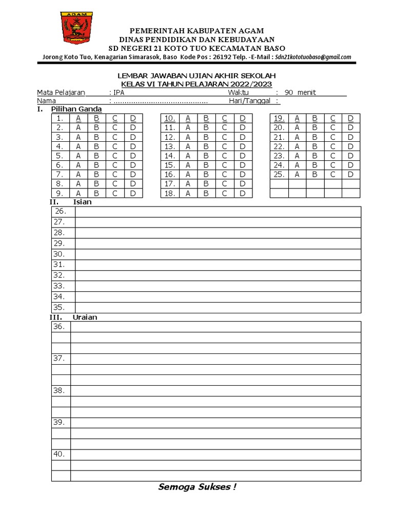 Lembaran Jawaban Ipa Soal Us 2023 | PDF