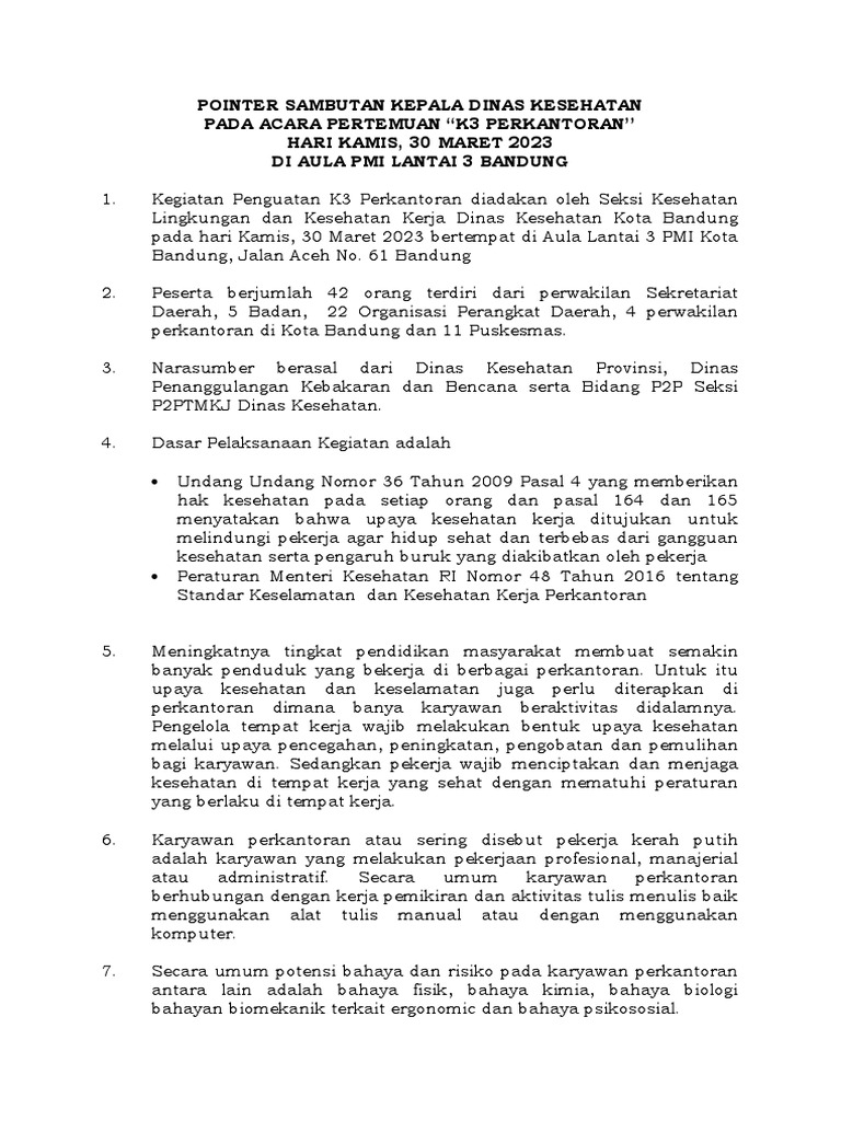 Pointer Sambutan Kepala Dinas Kesehatan | PDF