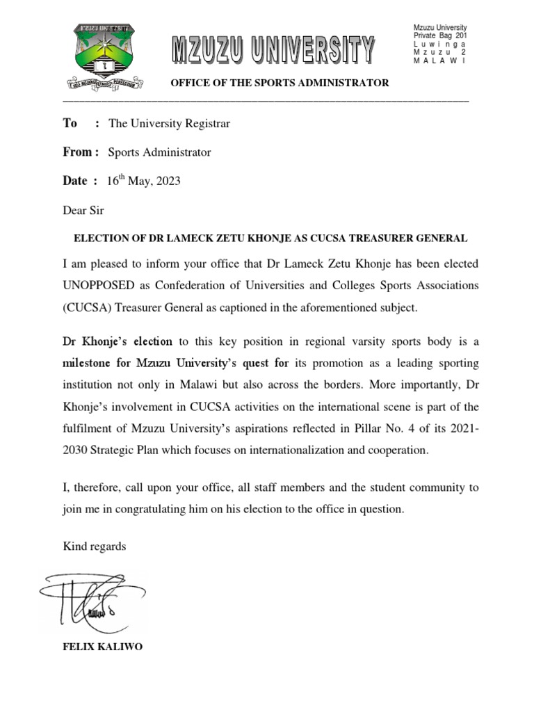 DR Lameck Khonje - New Cucsa Treasurer General | PDF