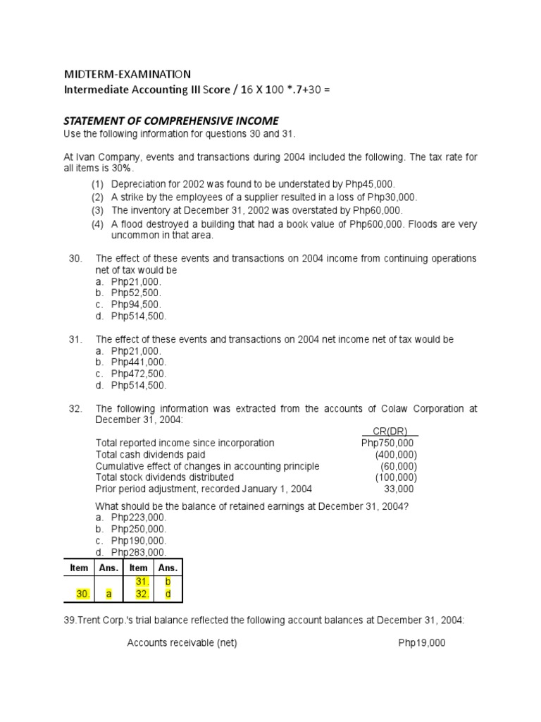 Midterm Exam With Key Ia3 Pcu | PDF | Debits And Credits | Cash Flow Statement