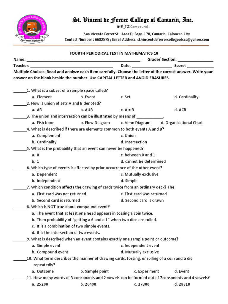 Fourth Periodical Test in Mathematics 10 - NK | PDF