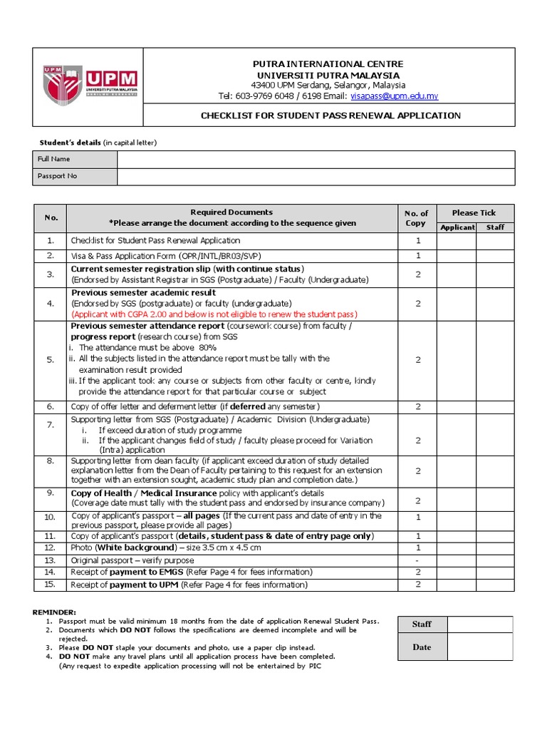 Checklist For Student Pass Renewal Application | PDF