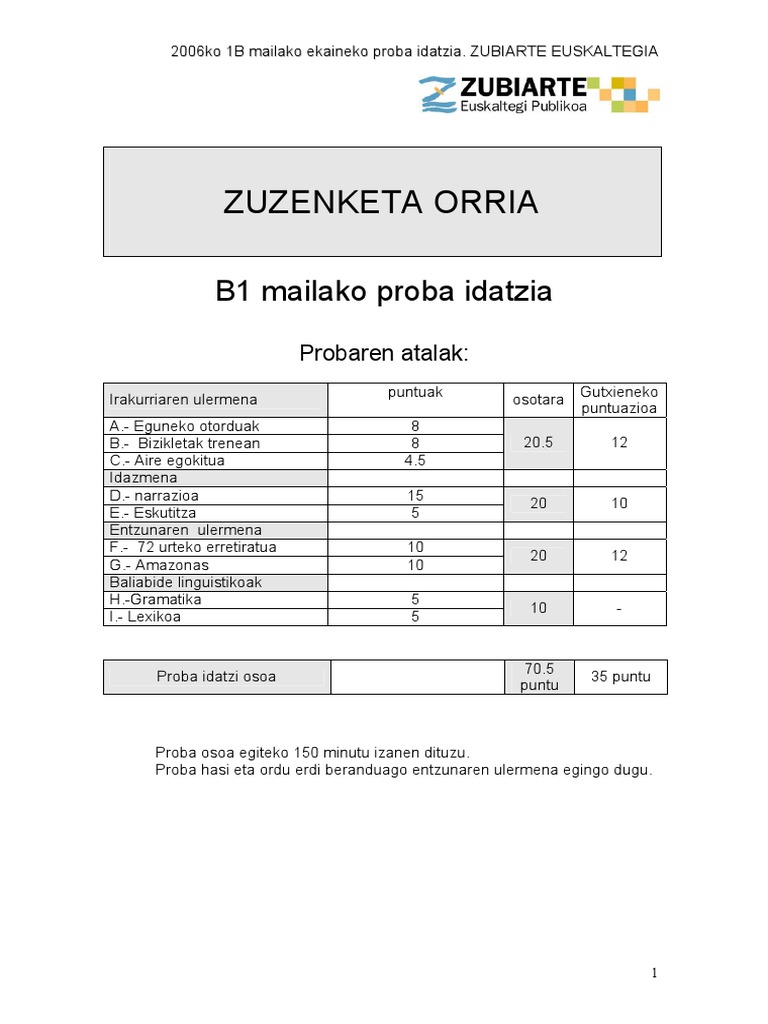 B1 Ekaineko Proba Idatzia, Zuzenketa | PDF