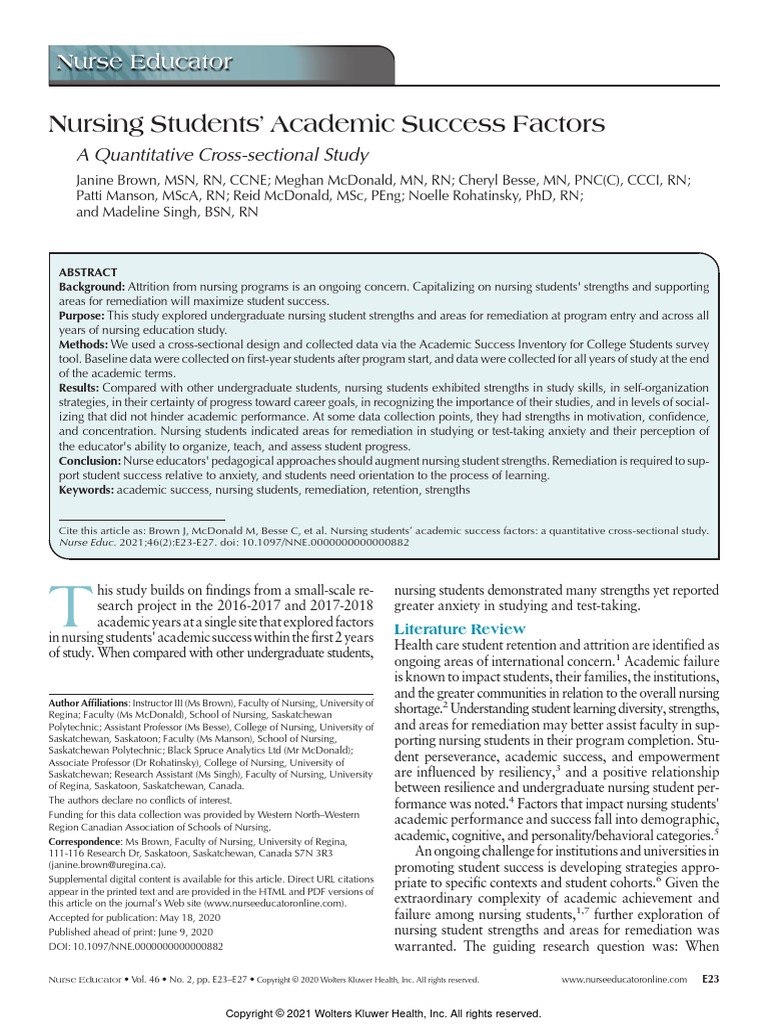 Nursing Students%u2019 Academic Success Factors - A Quantitative Cross ...