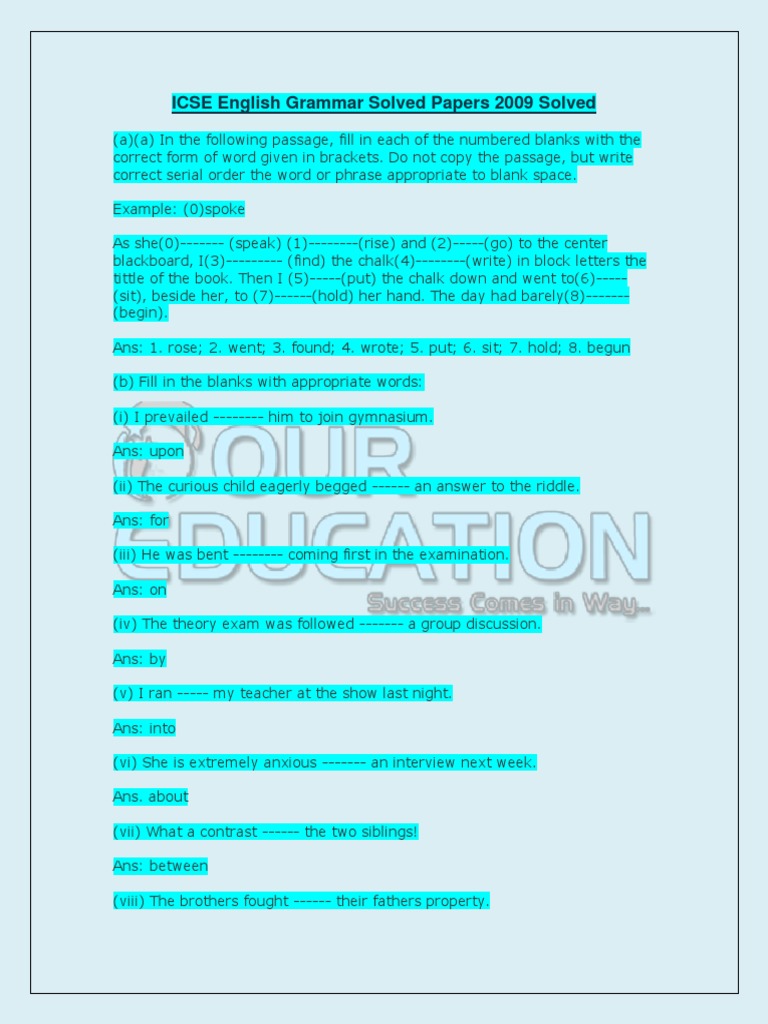 ICSE English Grammar Solved Papers 2009 Solved | PDF | Linguistics ICSE English Grammar Solved Papers 2009 Solved | PDF | Linguistics