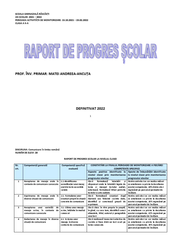 Raport de Progres Școlar (Clasa a II-A) Def 2022 (1) | PDF