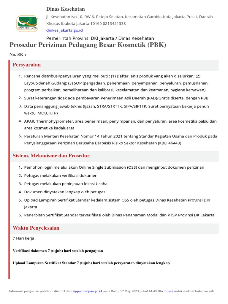 Unduh Standar Pelayanan - Prosedur Perizinan Pedagang Besar Kosmetik (PBK) | PDF