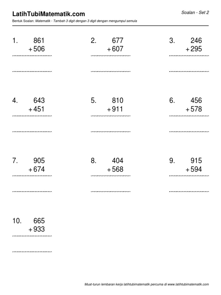 Tambah 3 Digit Dengan 3 Digit Dengan Mengumpul Semula Set 2 Pdf