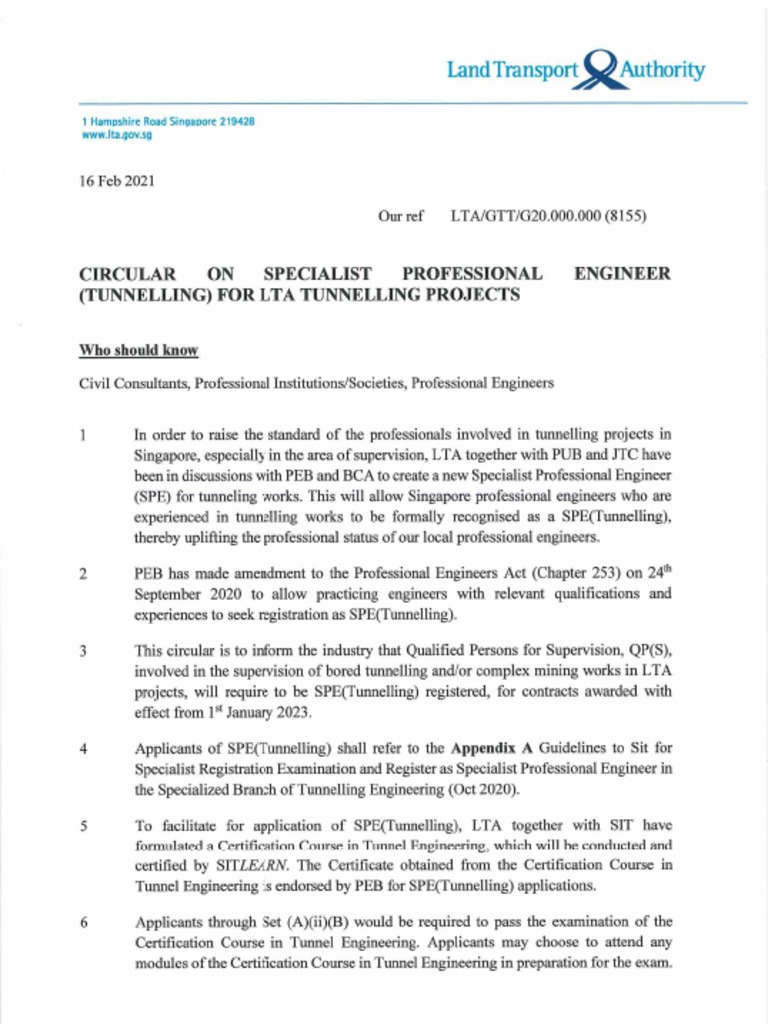 055 - 2021-Circular On Spe (Tunnelling) For Lta Tunnelling Projects | PDF