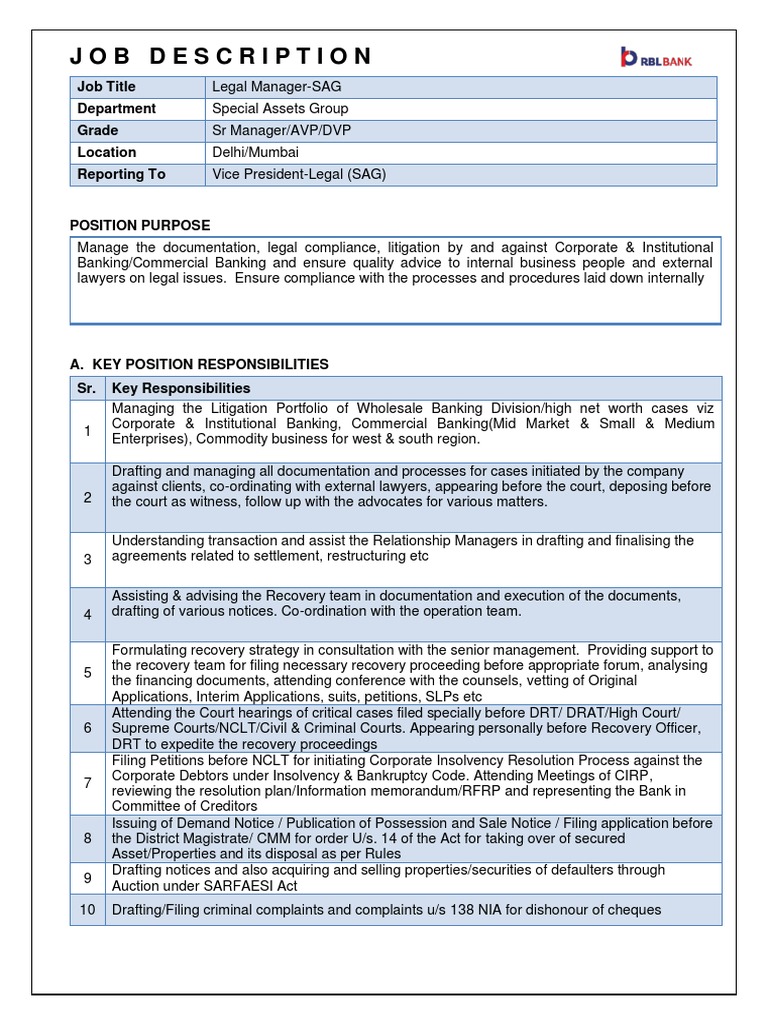JD Legal Manager RBL Bank | PDF