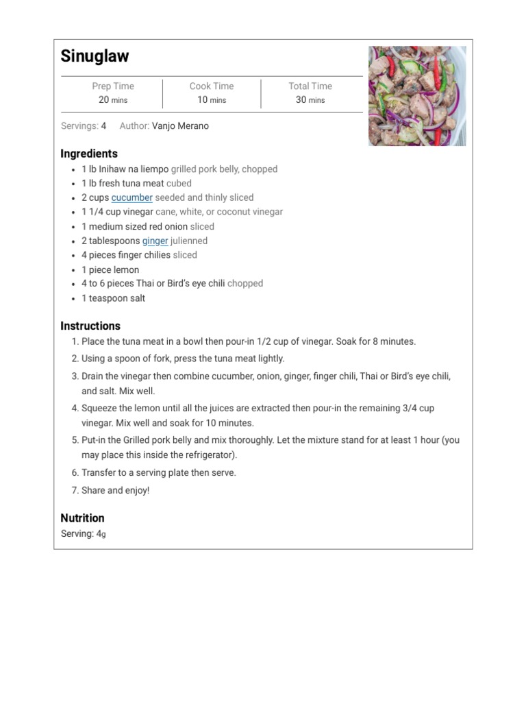 Sinuglaw Recipe for Food Enthusiasts | PDF