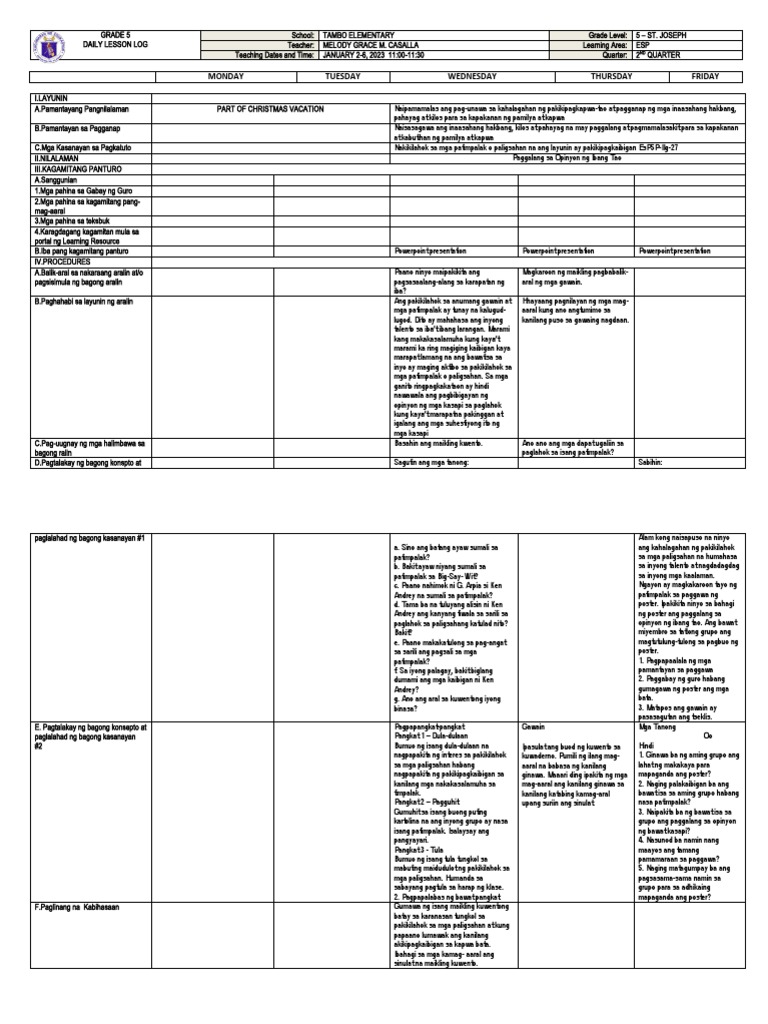 DLL g5 q2 Esp 5 Week 7 | PDF