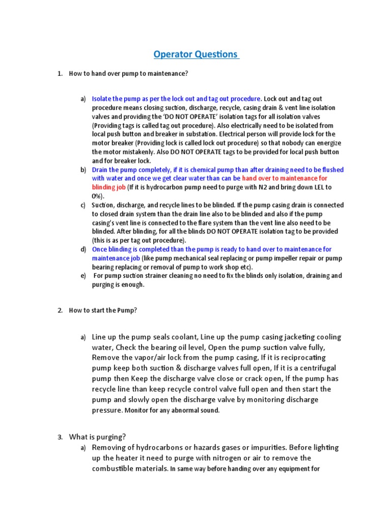 Operator Questions - Docx Version 1 | PDF | Pump | Gases