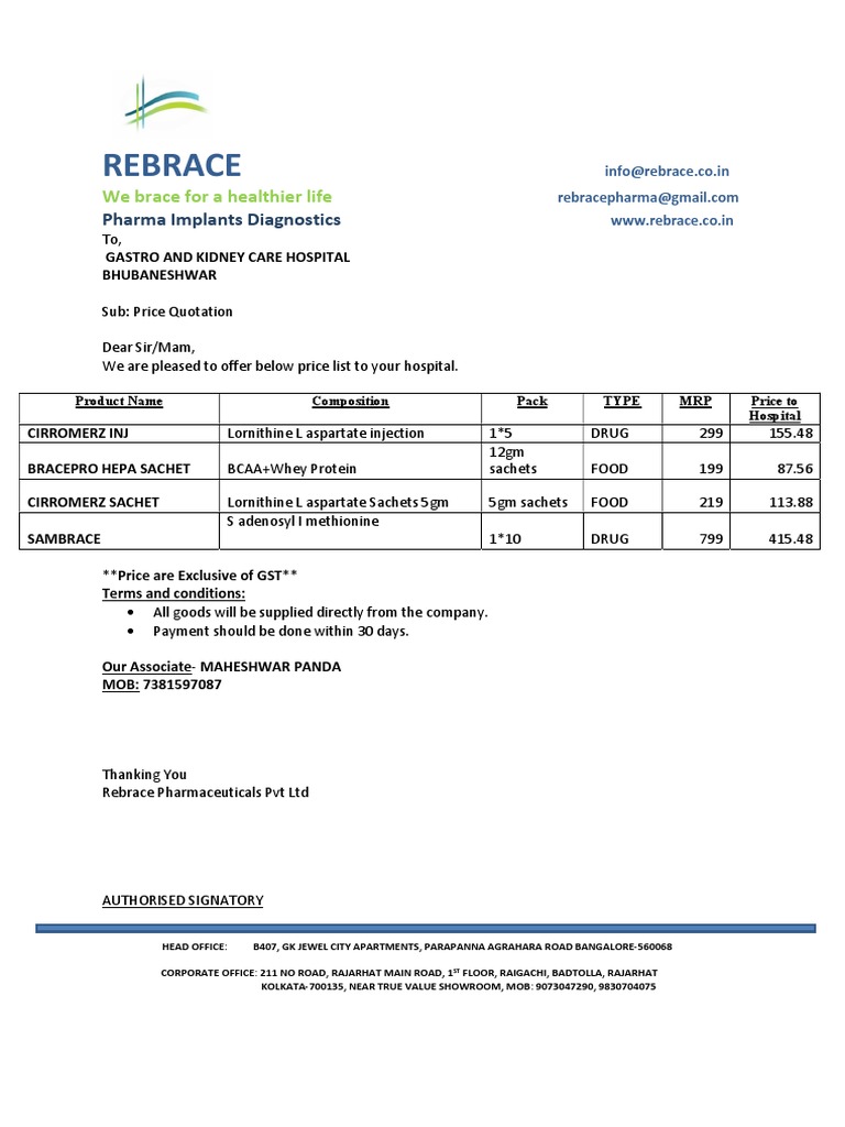 REBRACE PHARMACEUTICALS PRICE QUOTATION FOR GASTRO AND KIDNEY CARE ...