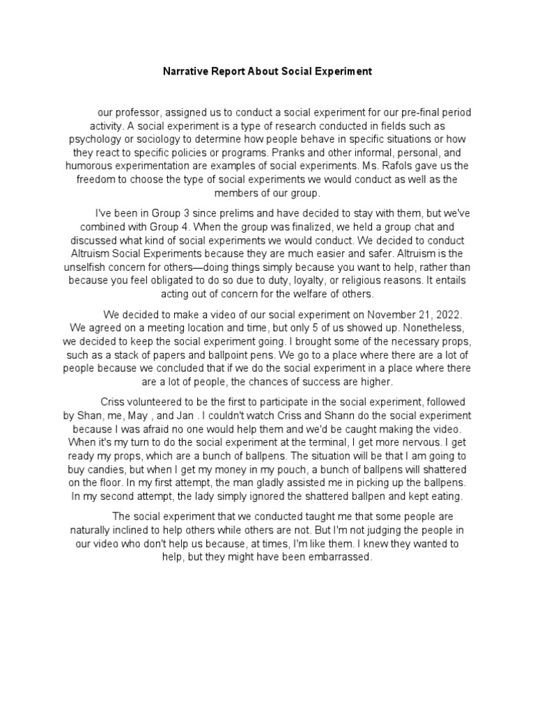 Narrative Report About Social Experiment | PDF | Experiment | Science