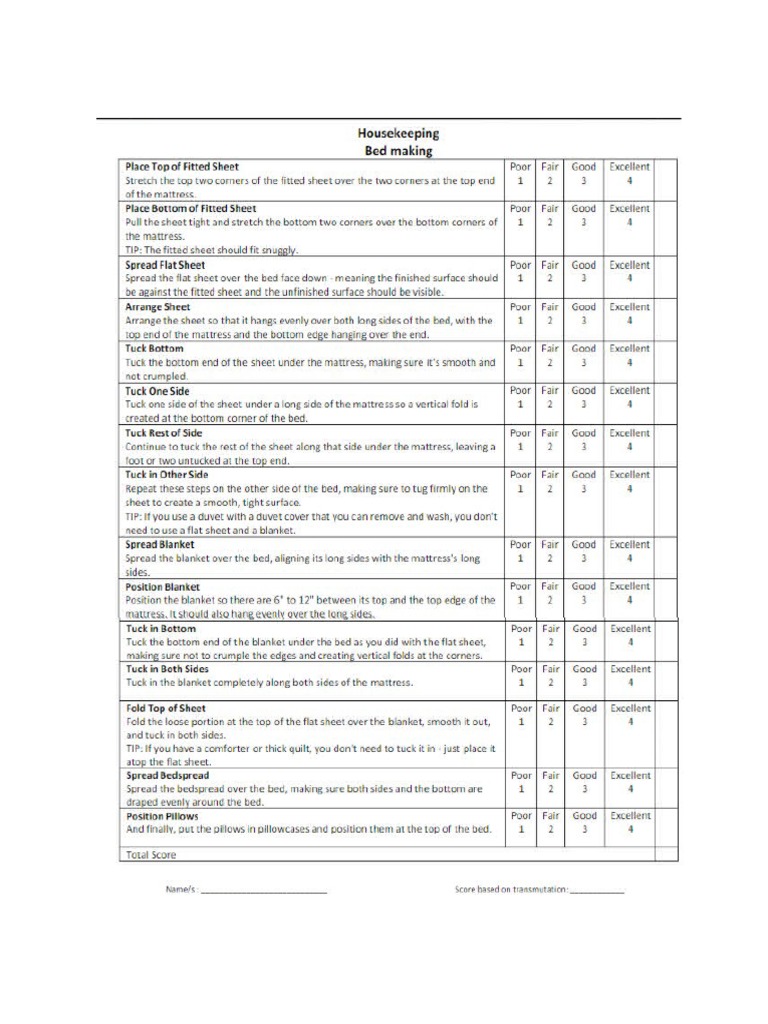 Rubric Bedmaking | Download Free PDF | Bed | Bedding