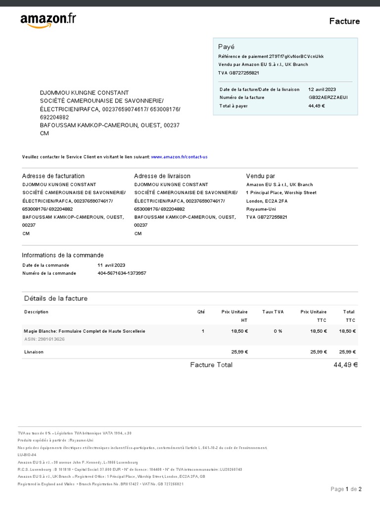 Facture Amazon : Détails et TVA 0% | PDF | Taxe sur la valeur ajoutée ...