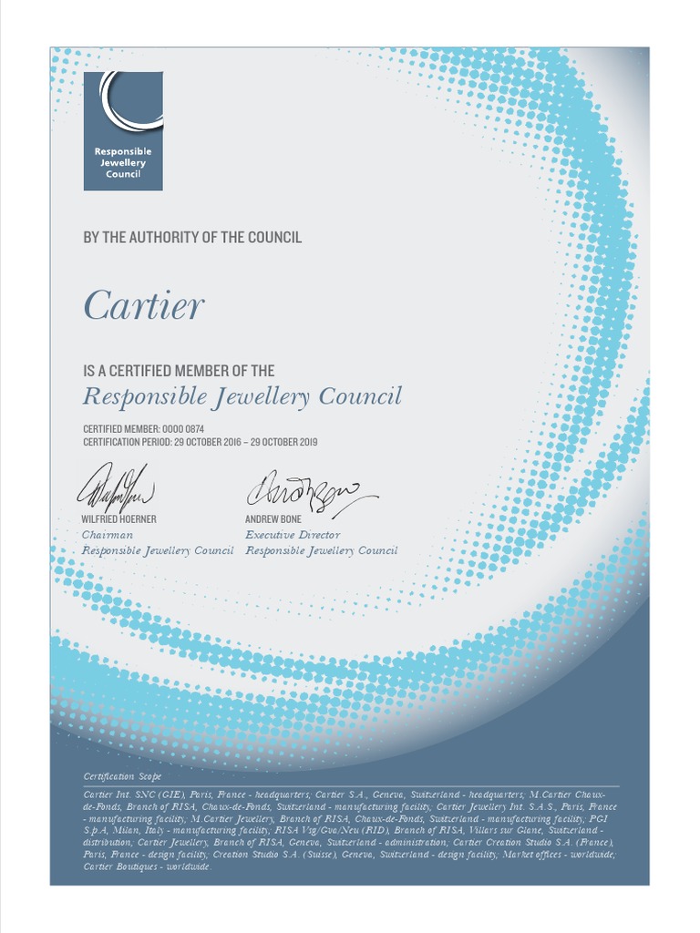 RJC COP Certificate - Vjune 2016 - Cartier | PDF | Audit | Business RJC COP Certificate - Vjune 2016 - Cartier | PDF | Audit | Business