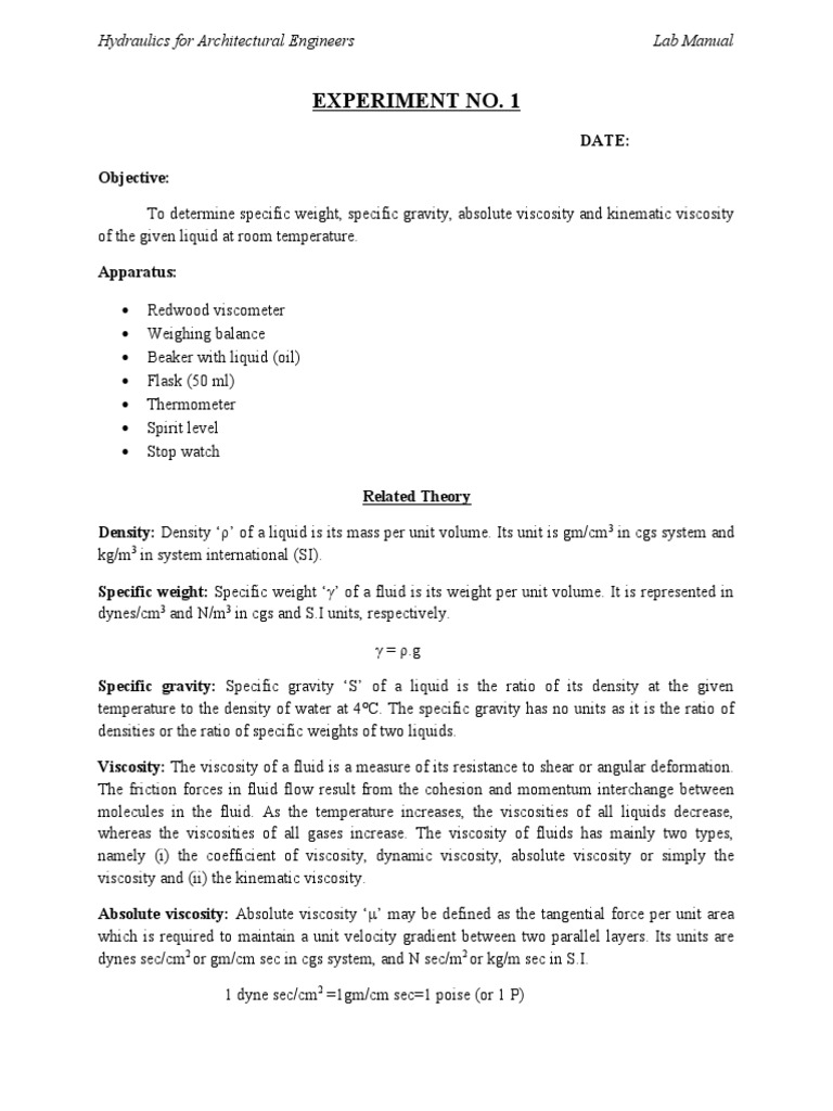 Hydraulics Lab: Viscosity Measurement | PDF | Viscosity | Density