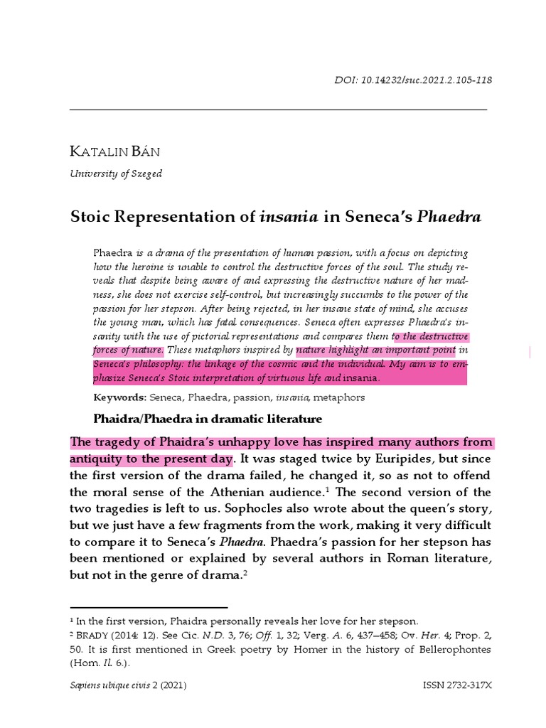Ban Katalin, Stoic Representation of Insania in Seneca's Phaedra, 2021 ...