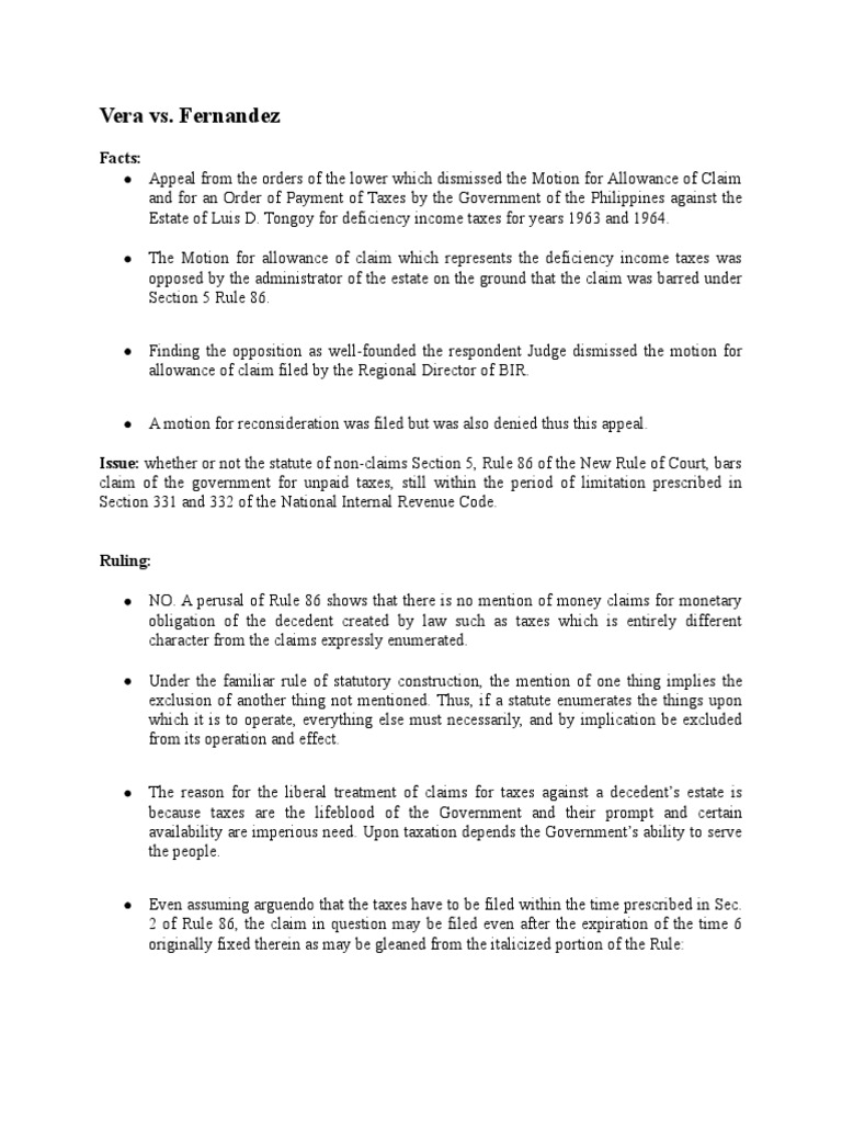 Vera V Fernandez (GR L-31364) | PDF