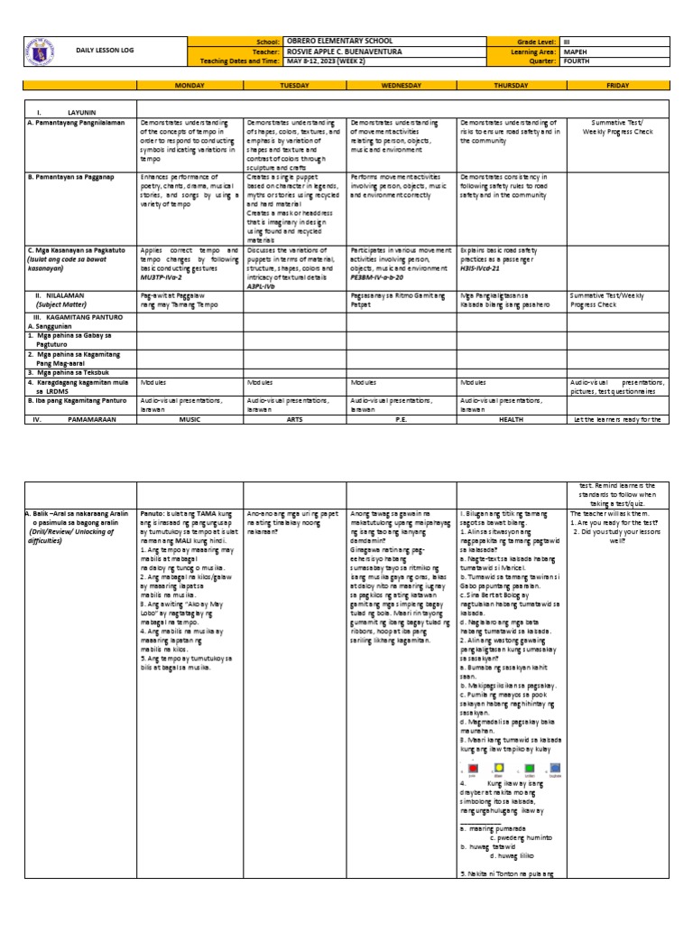 DLL MAPEH-3 Q4 W2 Newedumaymaylauramosangie | PDF | Performing Arts | Entertainment