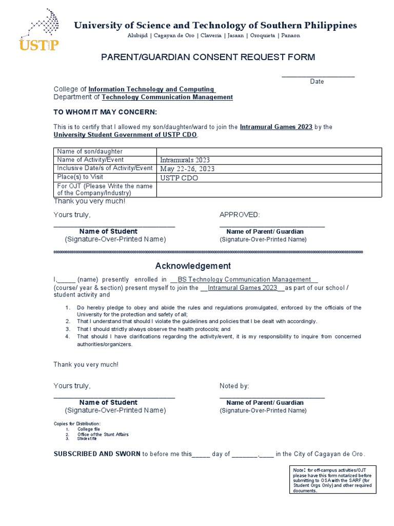 Parent Consent for Intramurals 2023 | PDF | Government | Justice