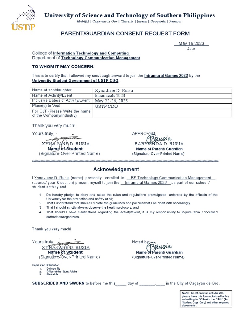 RUSIA - XYNA - Parents Consent Waiver For Intrams | PDF | Government | Justice