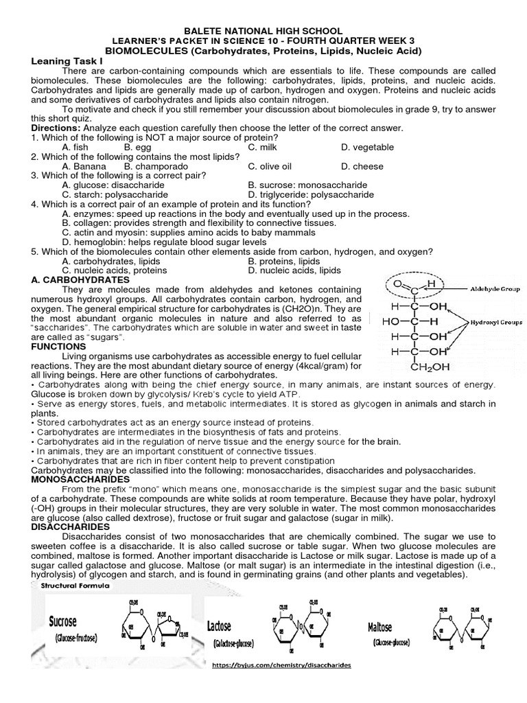 Science10 Quarter4 Week3-Biomolecules | PDF | Carbohydrates ...