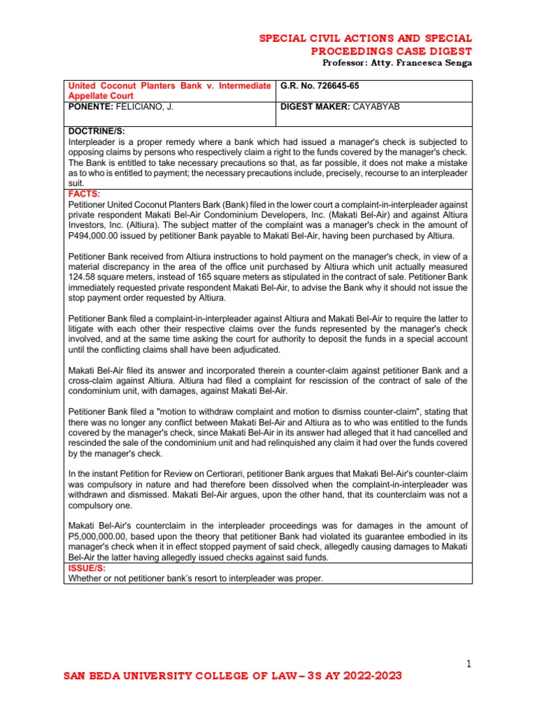 Interpleader Case Digest: Bank vs. Altiura | PDF | Finance & Money ...