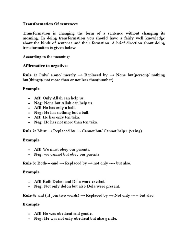 Transformation Of Sentences Techniques | PDF | Verb | Part Of Speech