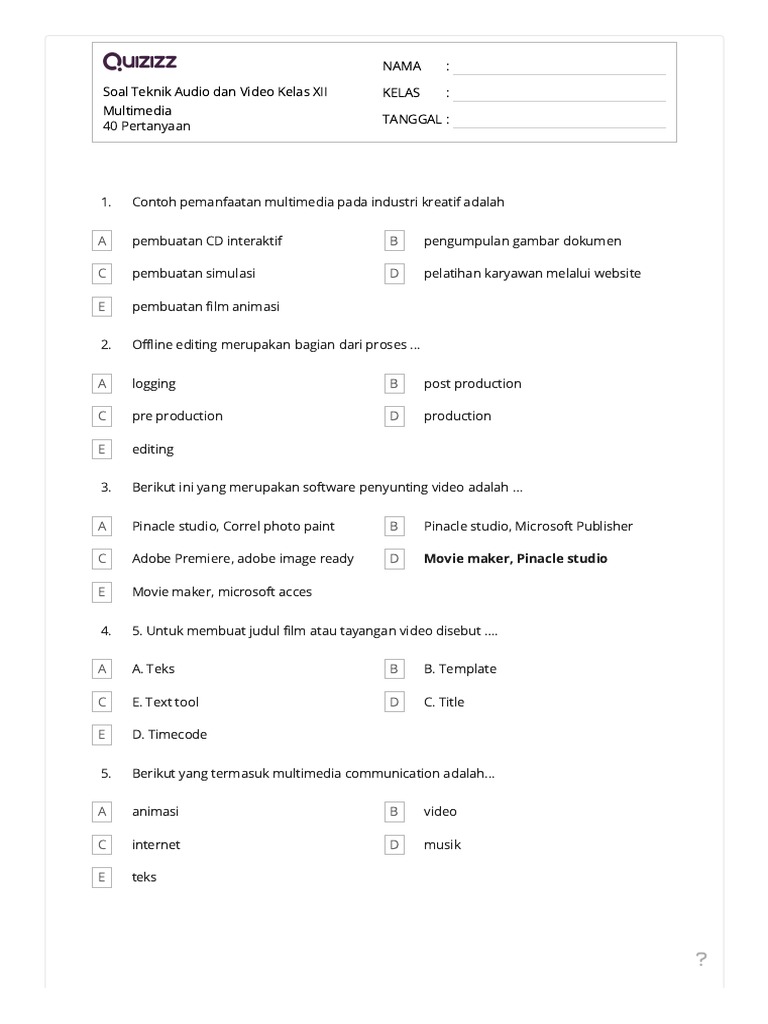 Soal Multimedia Kelas XII: Teknik Audio dan Video | PDF